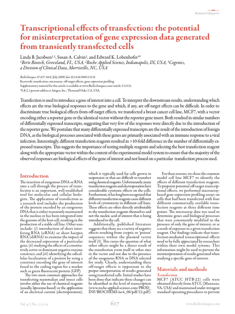 Transient Transfection and Expression | PDF | Transfection | Vector (Molecular Biology)