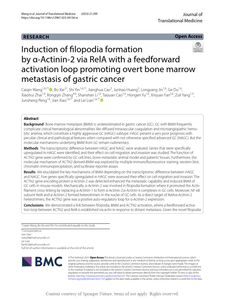 Induction of Filopodia Formation by a-Actinin-2 Vi | PDF | Metastasis ...