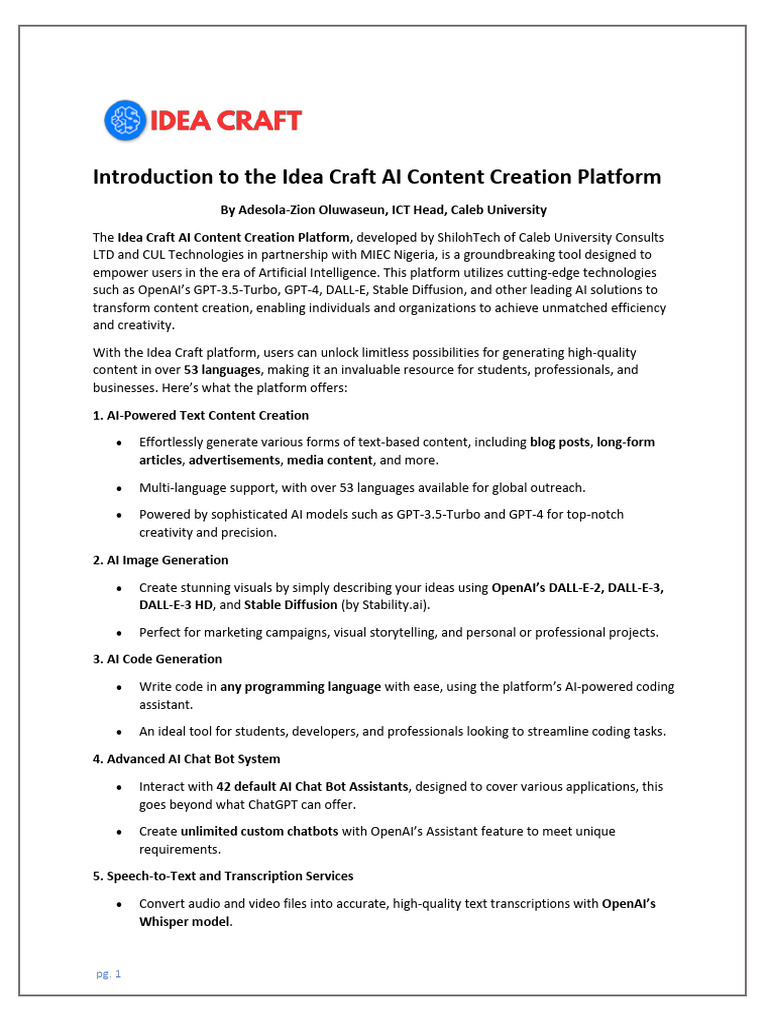 Introduction To The Idea Craft AI Content Creation Platform | PDF ...