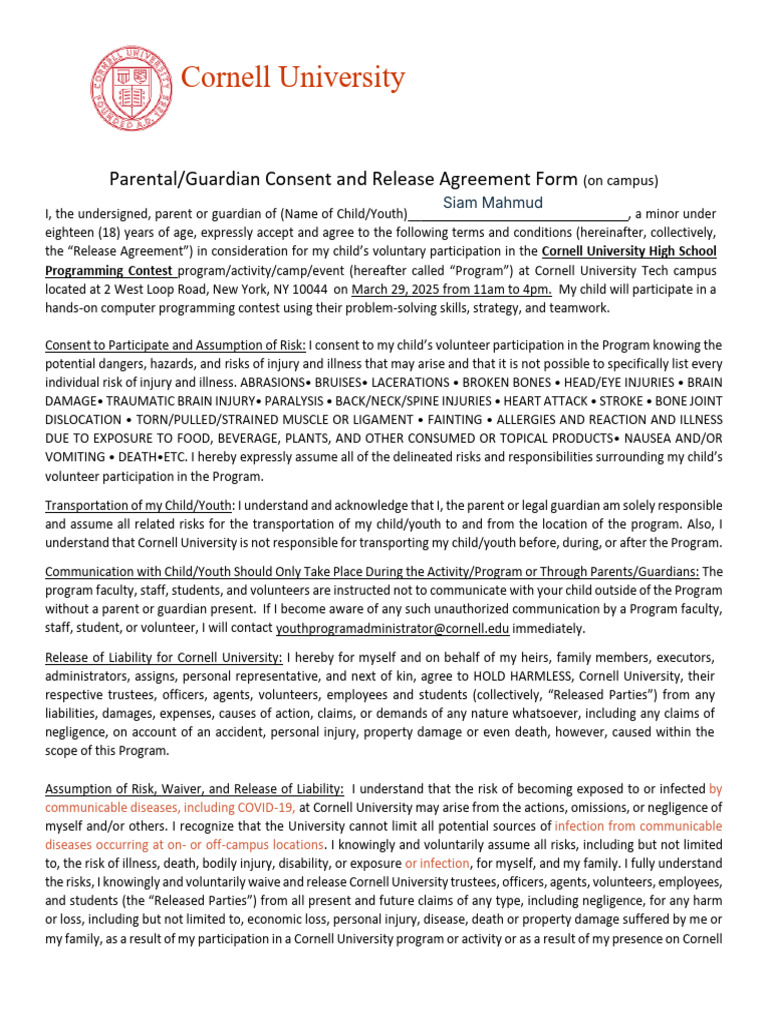 Parental Consent for Cornell Event | PDF | Legal Liability | Indemnity