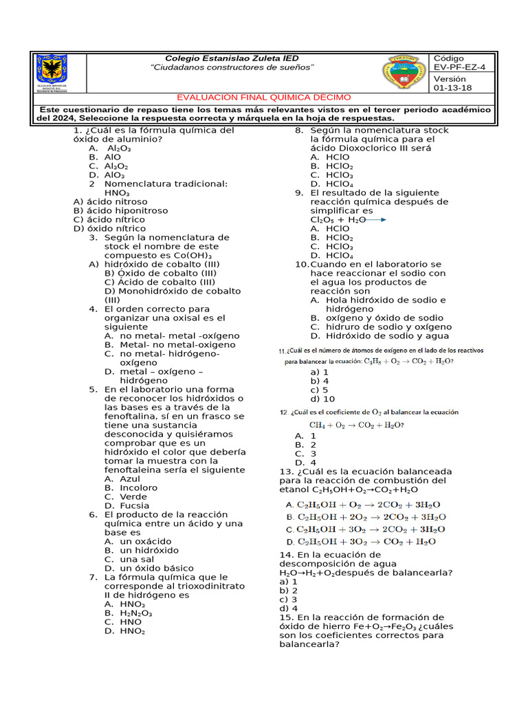 Evaluación Final Química Décimo | PDF | Redox | Reacciones químicas