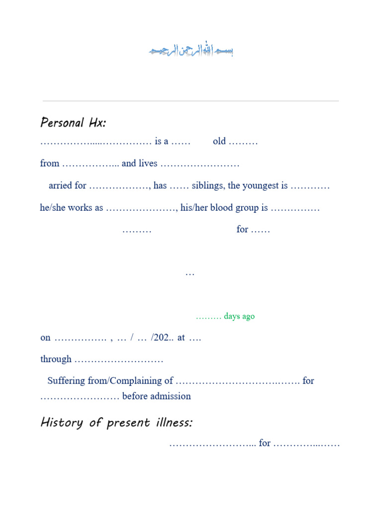 Internal Medicine History Sheet Template | PDF | Patient | Human ...