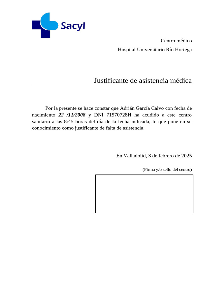 Plantilla Justificante Medico Sacyl | PDF