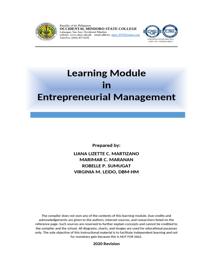 Entrep. Mgt. Module | PDF | Entrepreneurship | Sexual Harassment
