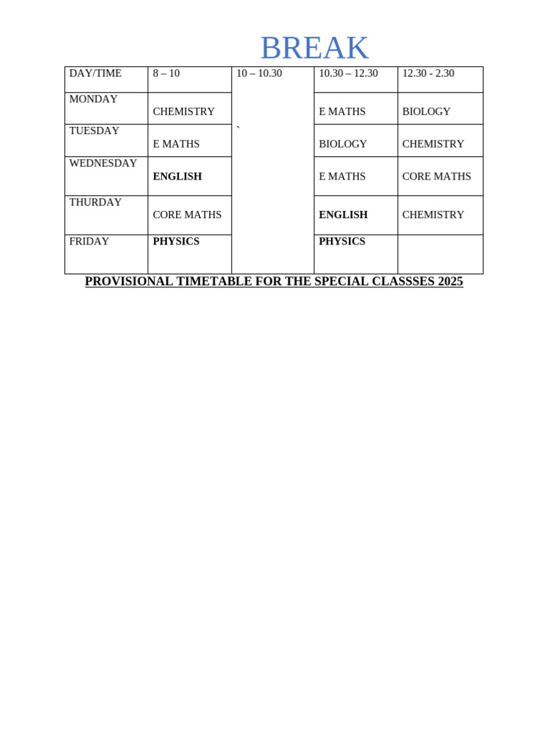 Special Classes Timetable 2025 | PDF