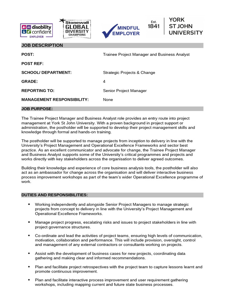Trainee Project Manager Job Description | PDF | Project Management ...