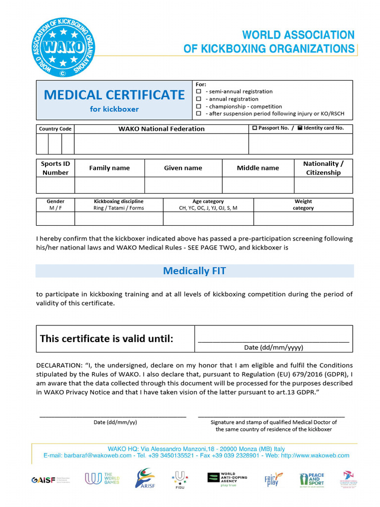 WAKO Medical Certificate Guidelines | PDF | Physical Examination ...