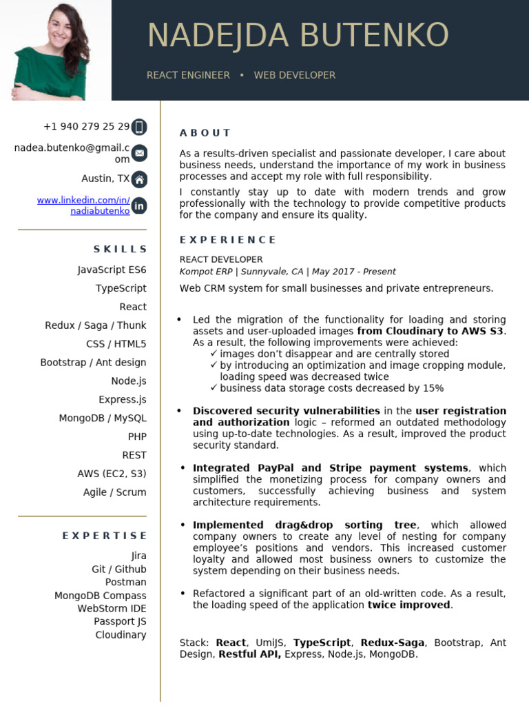 Resume - Nadejda Butenko - React Developer | PDF | Computing | Software Engineering