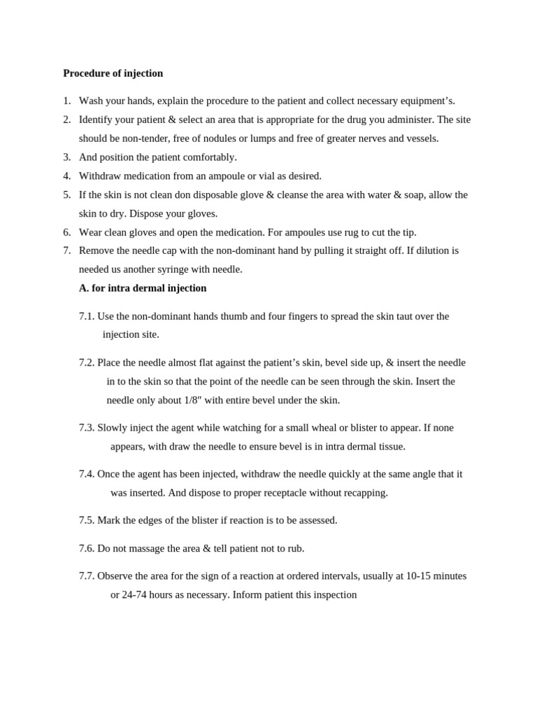 Procedure of Injection | PDF | Injection (Medicine) | Intravenous Therapy
