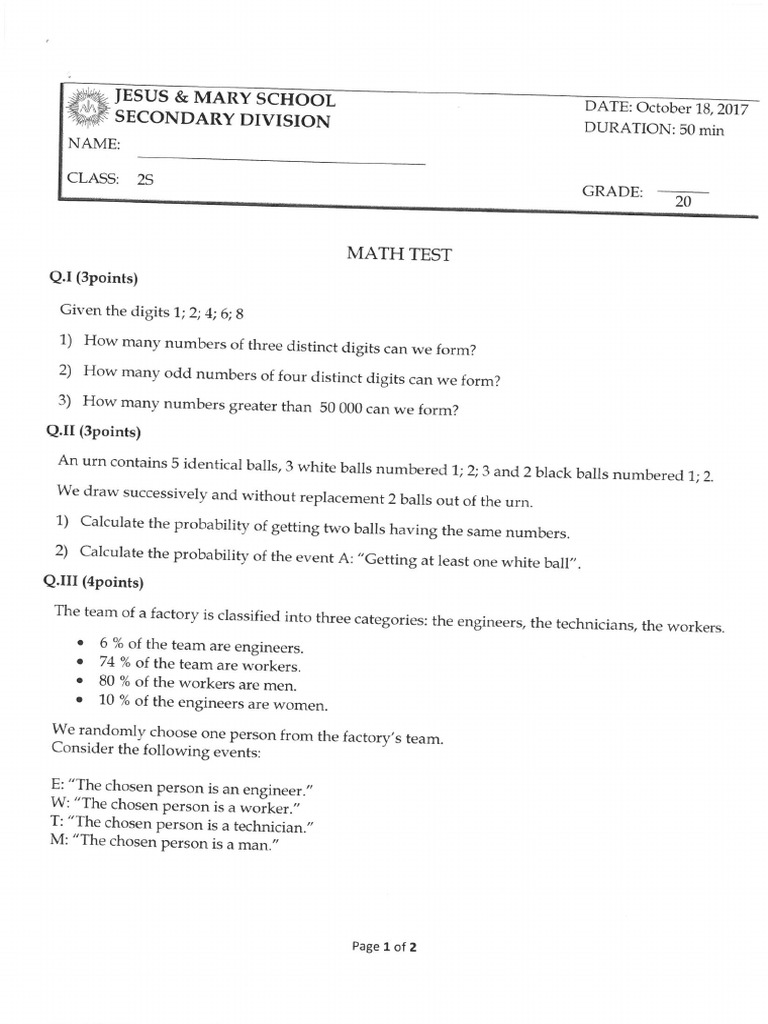 2S Math Test | PDF