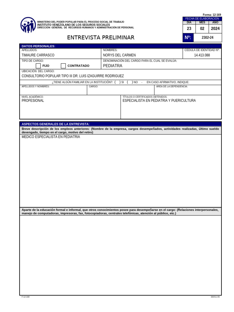 Entrevista Preliminar-Norys Timaure | PDF | Gestión de recursos humanos