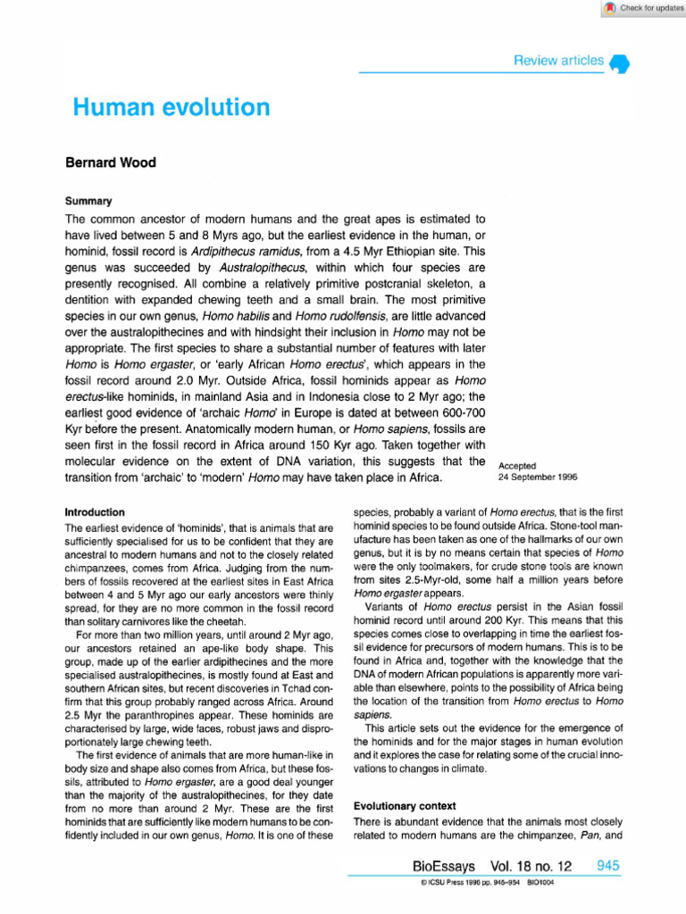 BioEssays - December 1996 - Wood - Human Evolution | PDF | Homo | Hominidae