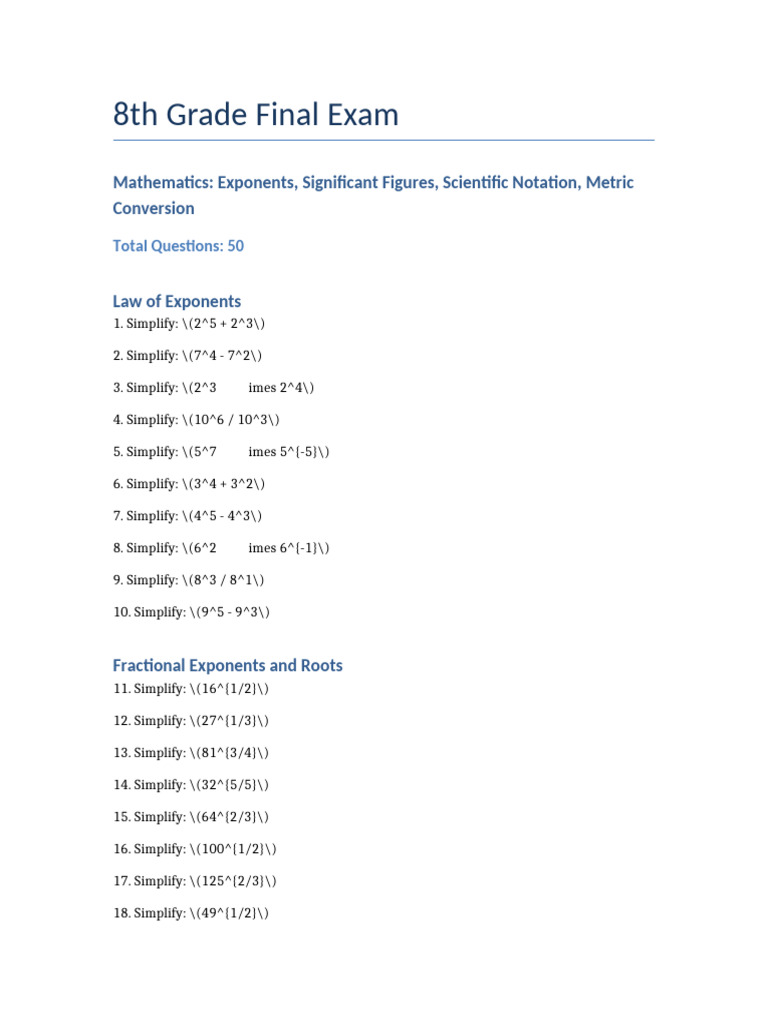 8th Grade Math Exam: Exponents & More | PDF | Kilogram | Litre