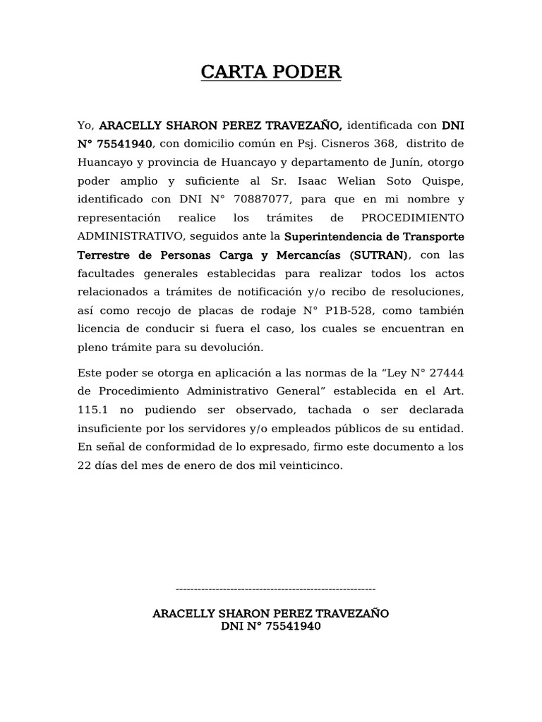 Carta Poder para Trámites SUTRAN | PDF