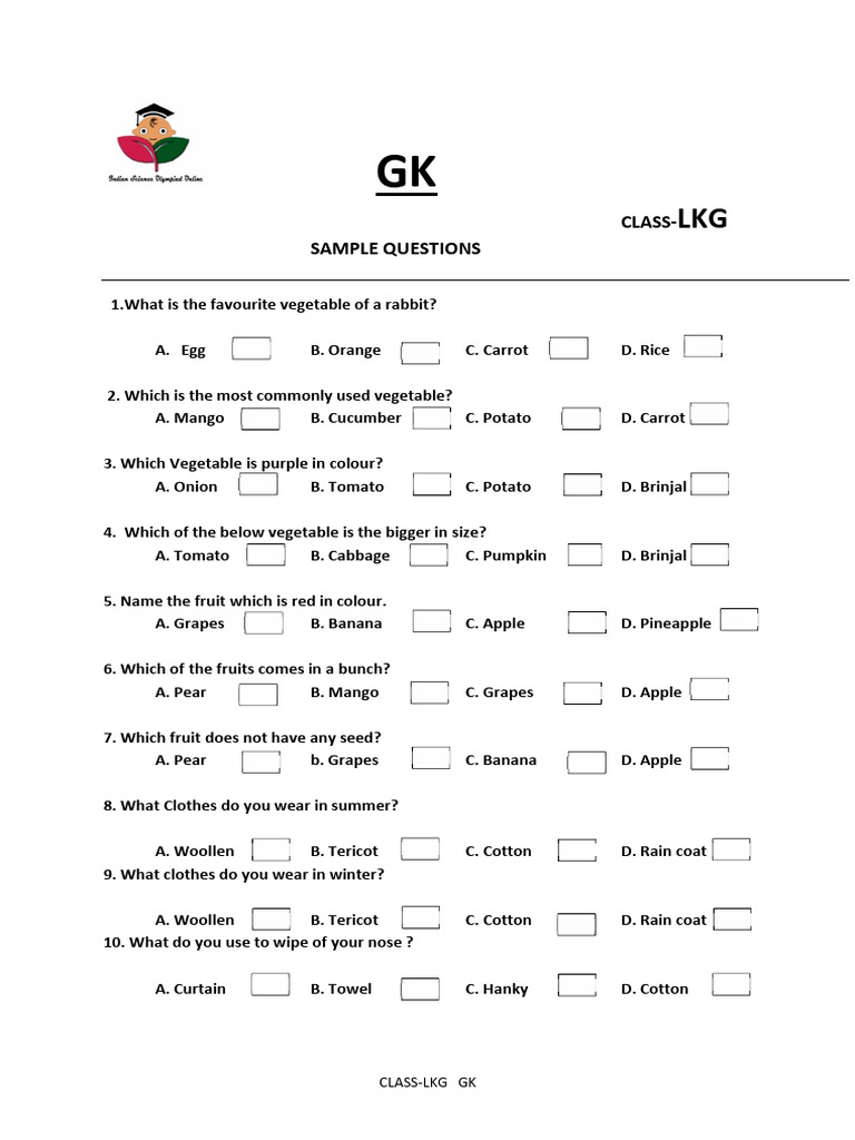 LKG General Knowledge Sample Questions | PDF