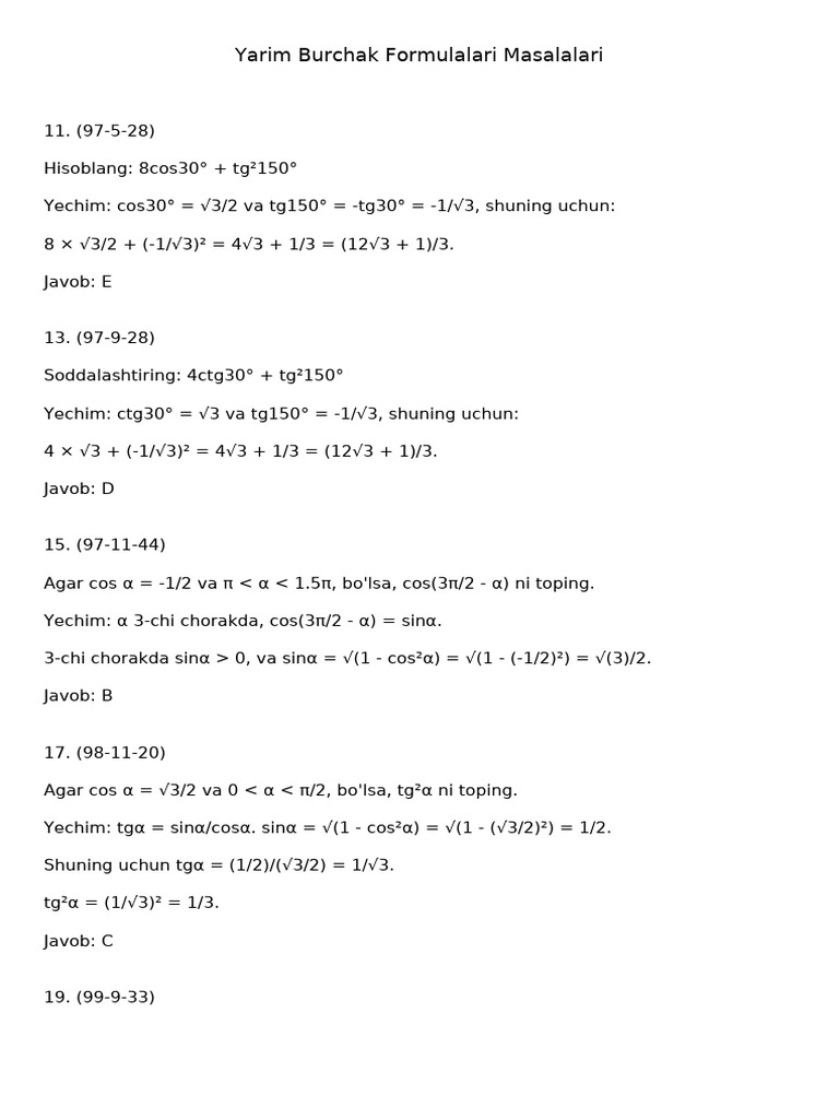 Yarim Burchak Formulalari Final | PDF