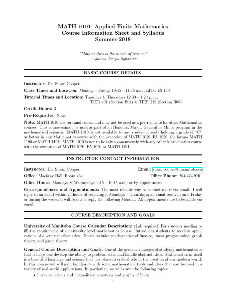 Math 1010 Syllabus Summer18 | PDF | Matrix (Mathematics) | Academic ...
