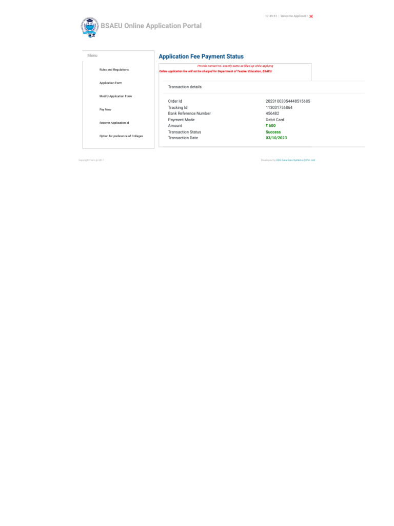 BSAEU - Portal For Online Application Form Fill-Up For B.Ed - Application Fee Payment Status | PDF