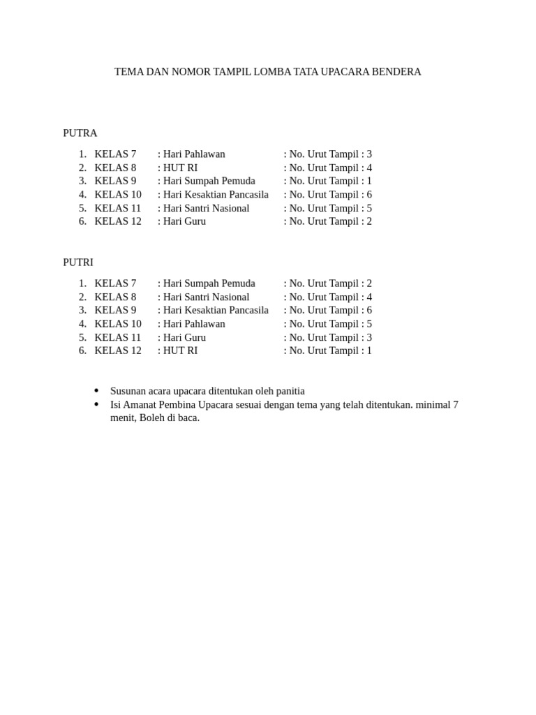 Tema Dan Nomor Tampil Lomba Tata Upacara Bendera | PDF