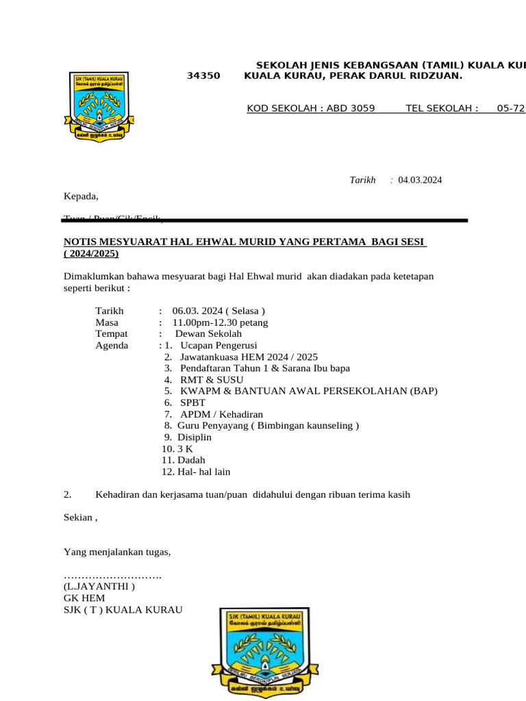 Minit Mesyuarat Hem 1 2024 | PDF