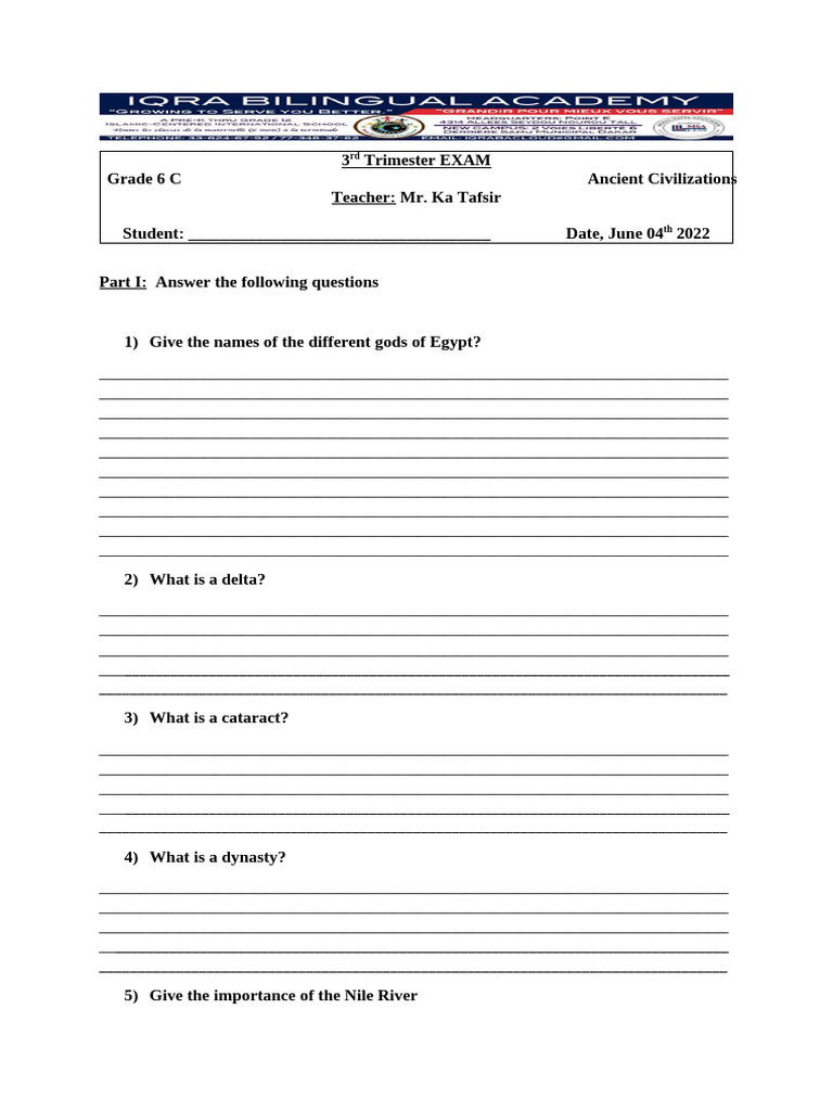 Grade 6 Ancient Civilizations Exam | PDF | Ancient Egypt | Writing