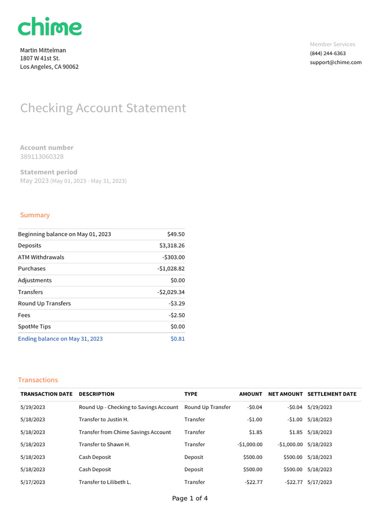 Chime Checking Statement May 2023 | PDF | Transaction Account | Deposit Account