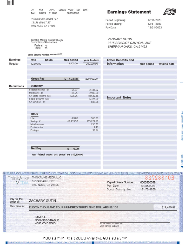 Payroll Check and Earnings Statement | PDF | Social Security (United ...