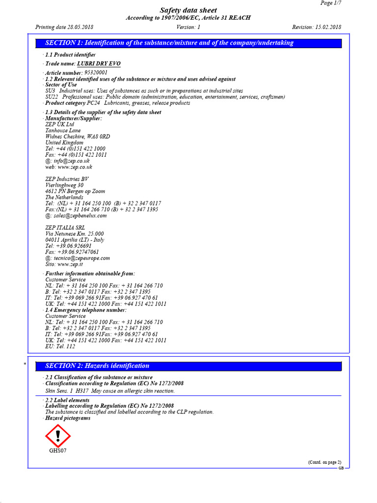 Lubri Dry Evo MSDS GB 1 | PDF | Dangerous Goods | Toxicity