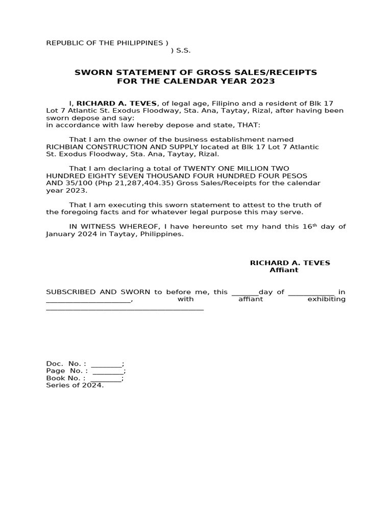 Sworn-Statement-Gross-Sales | PDF Sworn-Statement-Gross-Sales | PDF