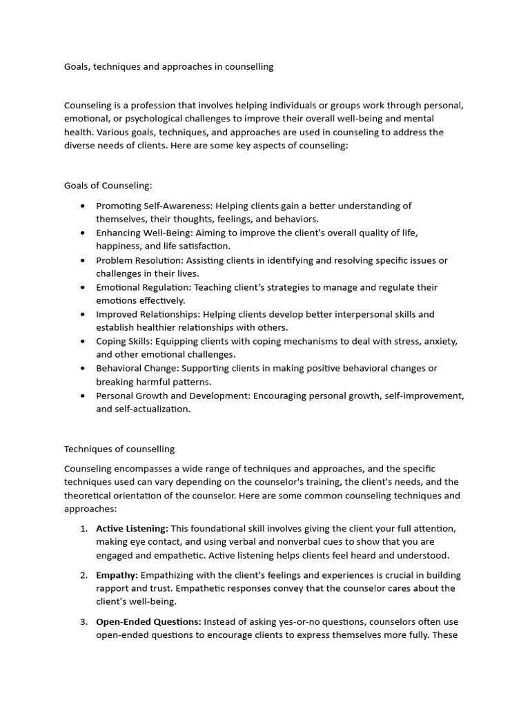 Goals, Techniques and Approaches To Counselling | PDF | Psychotherapy ...