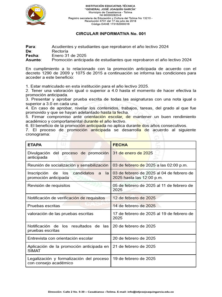 Circular 001 Promoción Anticipada | PDF