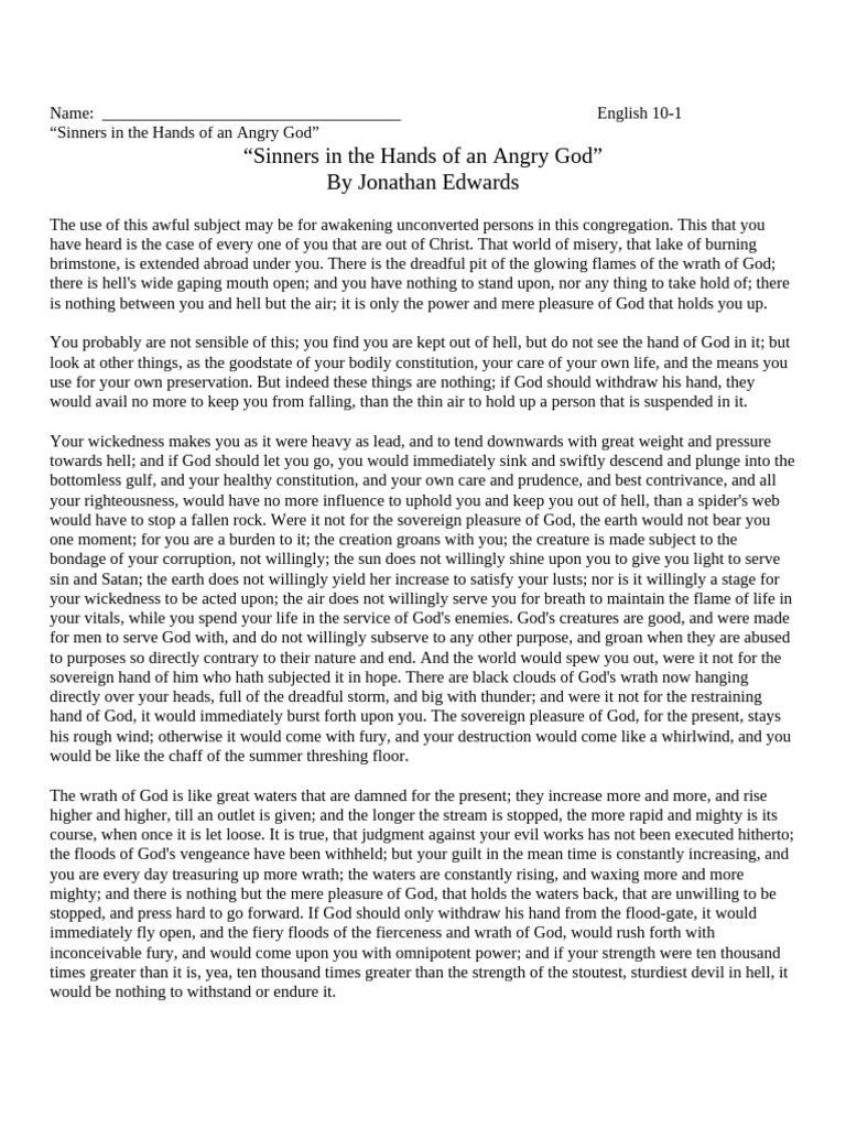 Sinners in the Hands of an Angry God Analysis | PDF | Anger | Religious ...