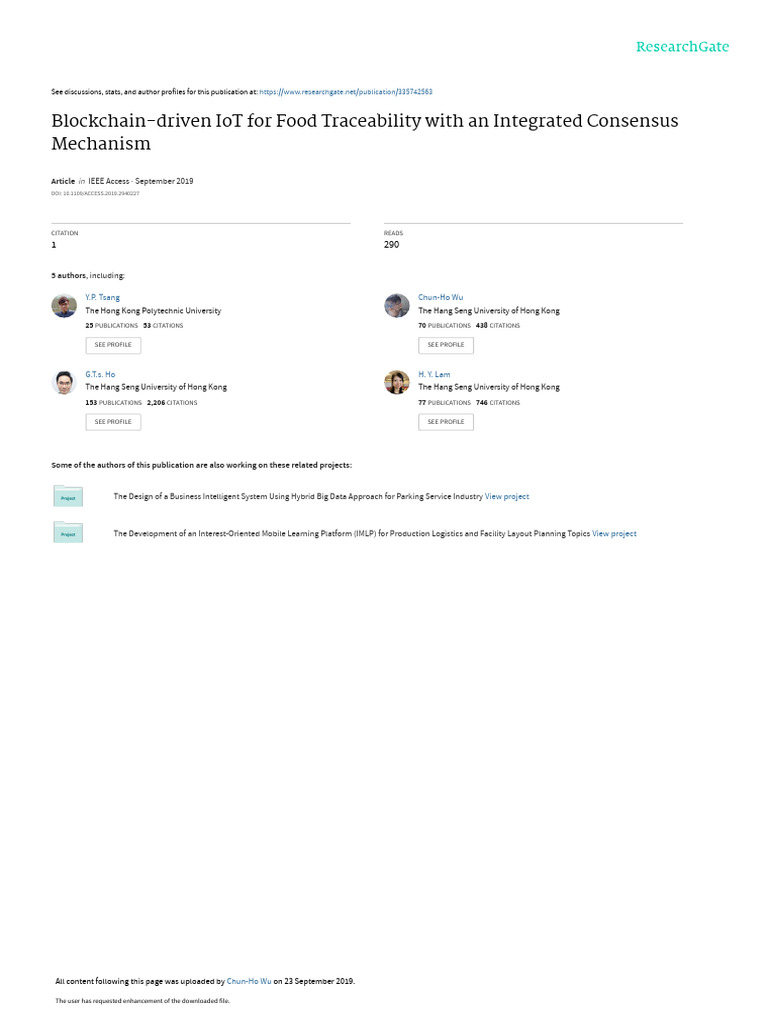 2019 Blockchain-Driven IoT For Food Traceability With An Integrated Consensus Mechanism | PDF ...