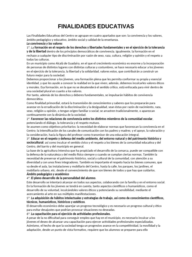 Finalidades Educativas del Centro Escolar | PDF | Conocimiento ...