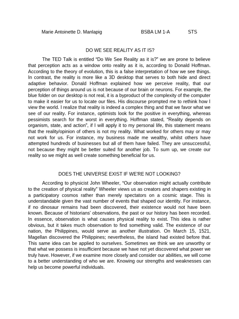 Module A Assignment Manlapig, Marie Antoinette | PDF | Reality | Existence