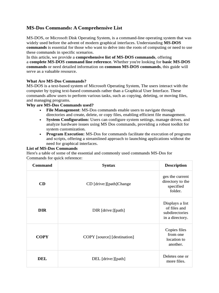 MS-Dos Commands | PDF | Computer File | Directory (Computing) MS-Dos Commands | PDF | Computer File | Directory (Computing)