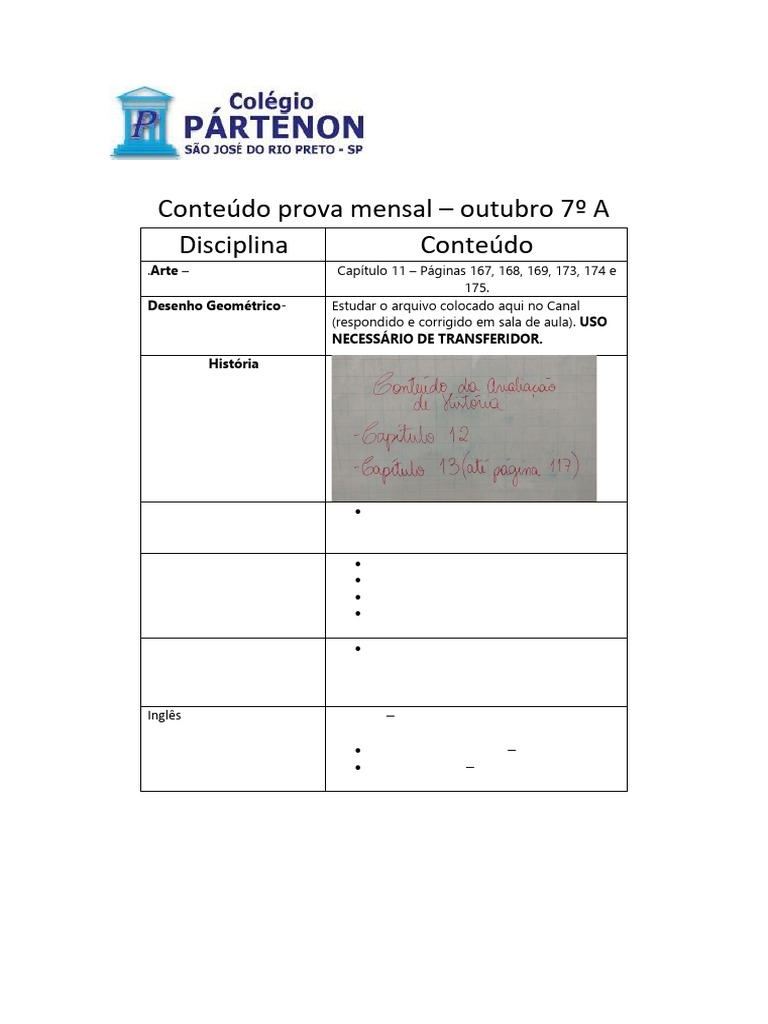 Conteúdo Prova Mensal 7ºA | PDF