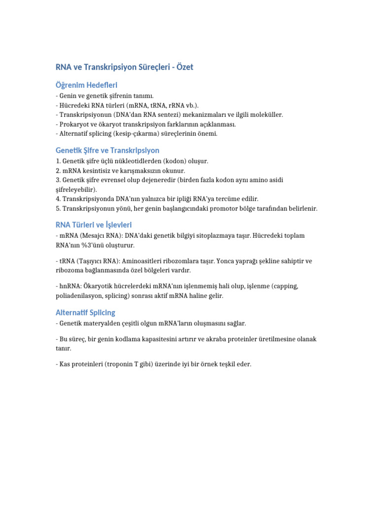 RNA Ve Transkripsiyon Surecleri Ozet | PDF