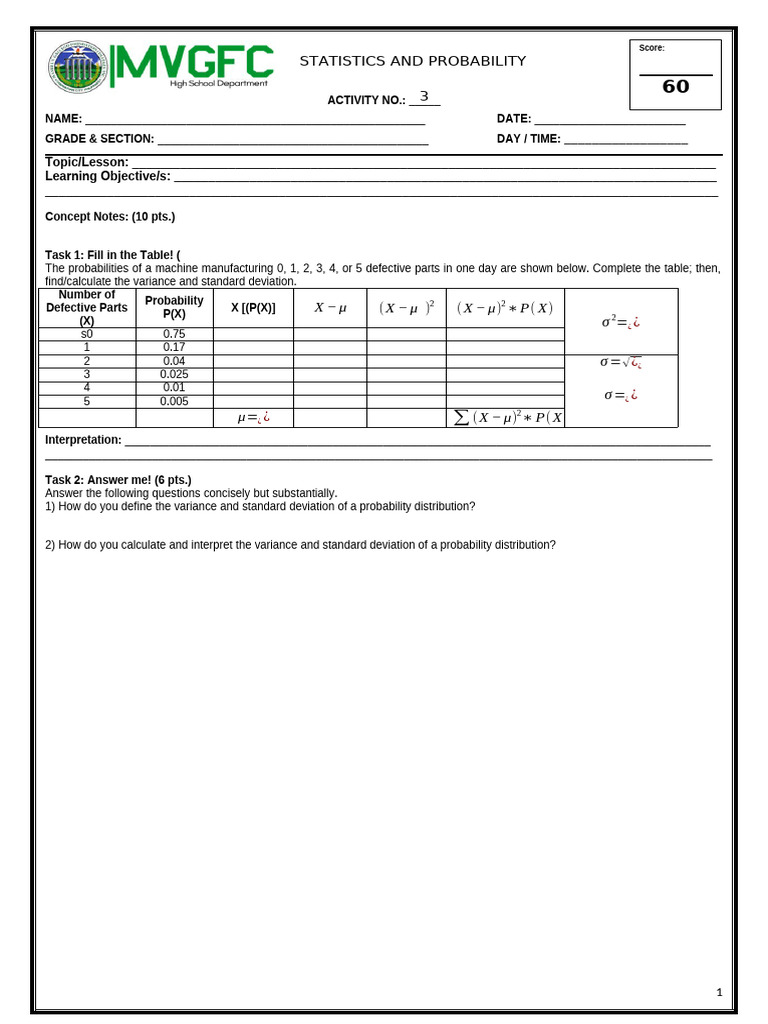 Las3 - Variance and SD of Prob Dis - Students | PDF | Standard ...