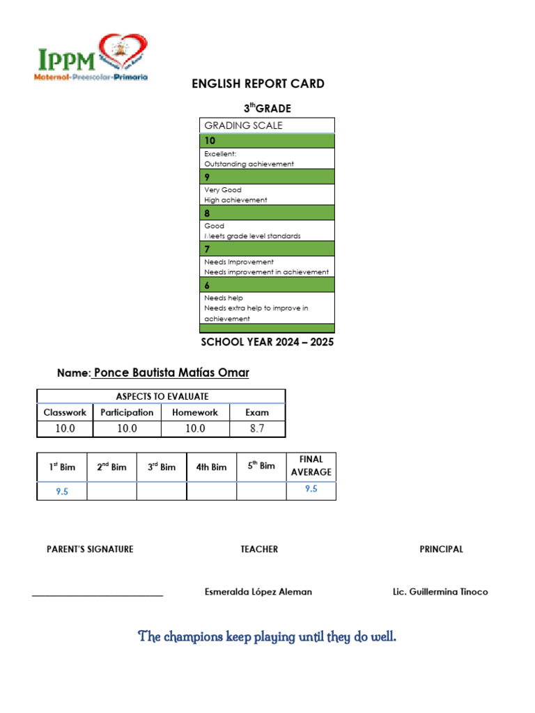 Matías Ponce's 3rd Grade Report Card | PDF