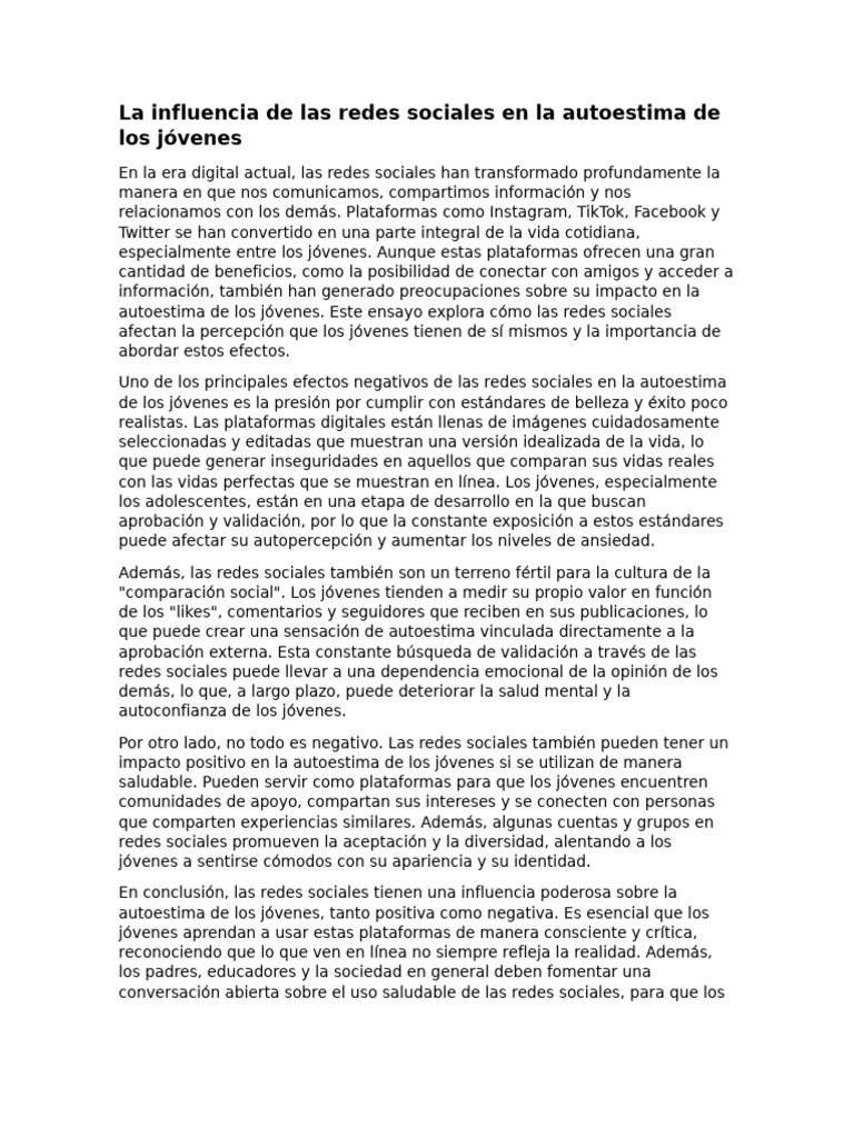 La Influencia de Las Redes Sociales en La Autoestima de Los Jóvenes ...