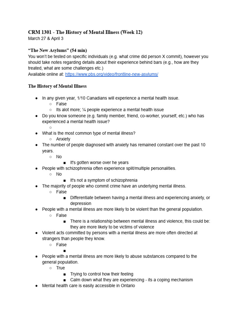 History of Mental Illness Insights | PDF | Mental Disorder ...