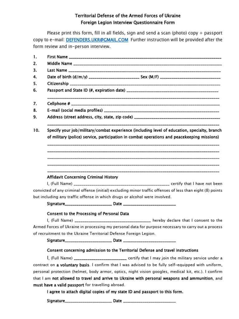 International Legion Application Form | PDF | Passport | National Security