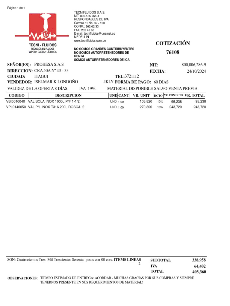 Cotización de Válvulas Inoxidables | PDF