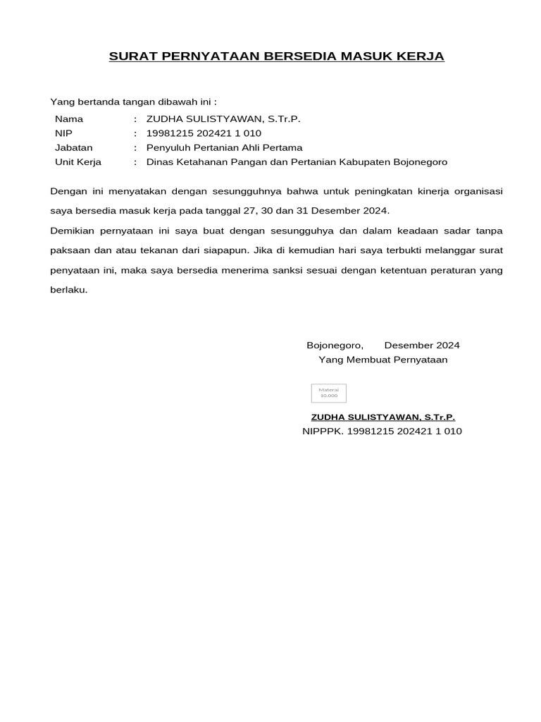 Surat Pernyataan Bersedia Masuk Kerja TH. 2024[1] | PDF
