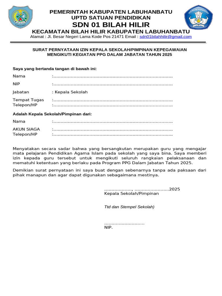 Surat Izin Kepala Sekolah PPG Pai 2025 | PDF