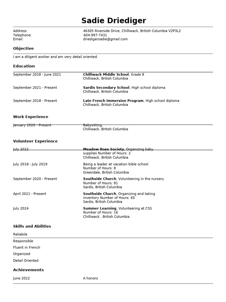 Sadie Driediger's Resume | PDF | Educational Stages