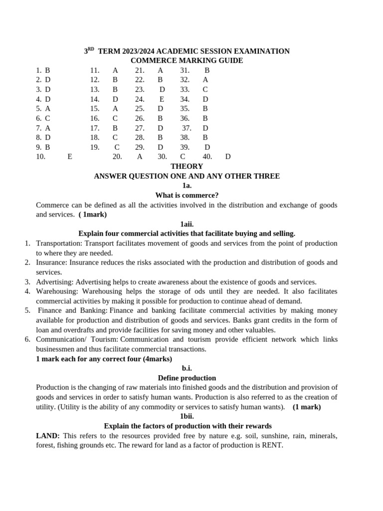 Commerce Exam Marking Guide 2023/2024 | PDF | Banks | Stocks