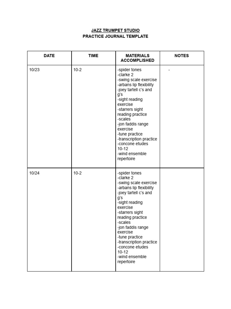 Practice Journal 10 - 23-10 - 28 | PDF | Jazz | Musical Instruments
