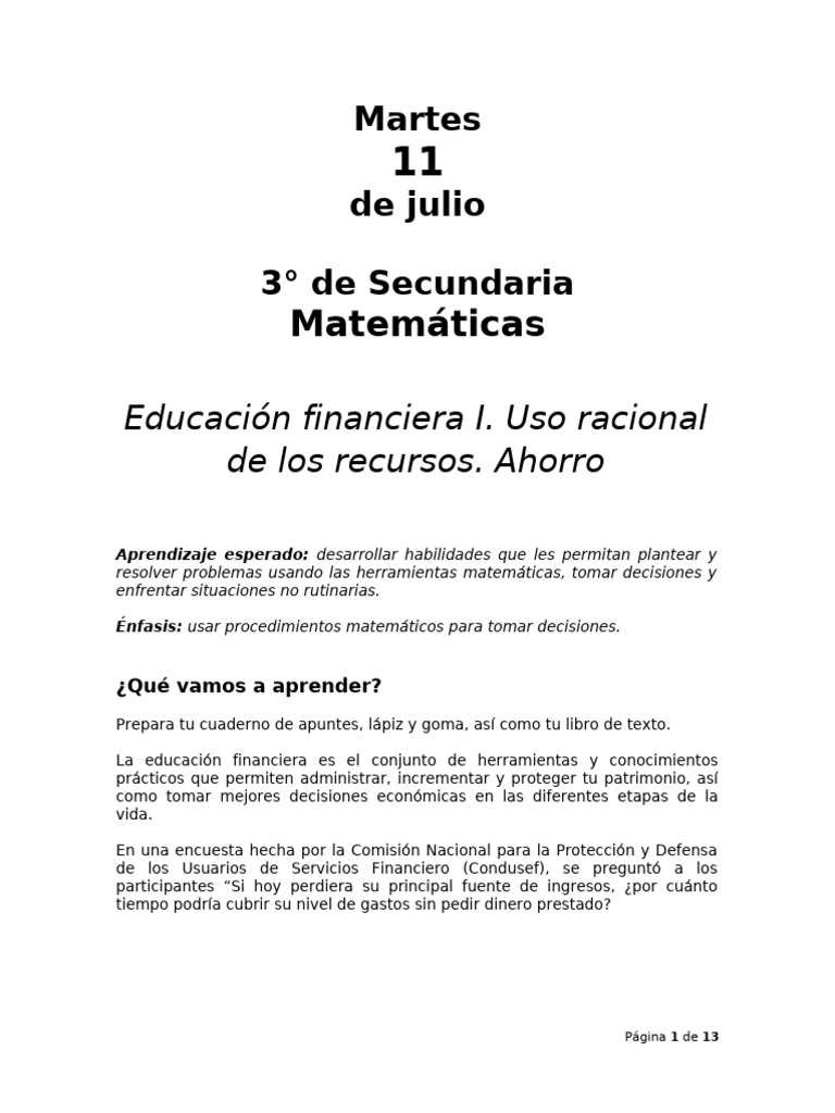 Secundaria Tercero 11 de Julio 2023-Matematicas | PDF | Ahorro ...